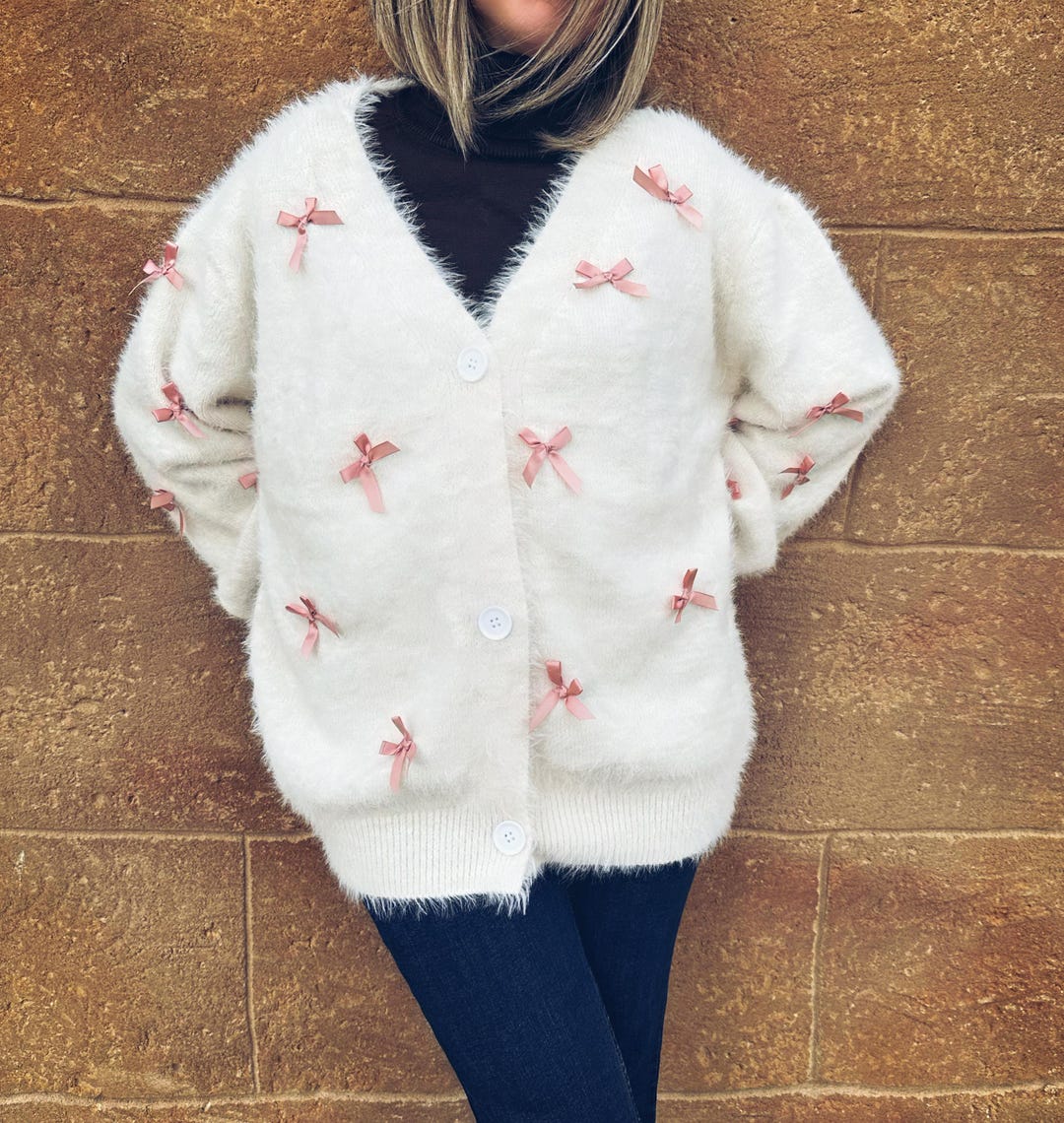 White Cardigan With Custom Bow Details Size L, Stretchy Polyester ...