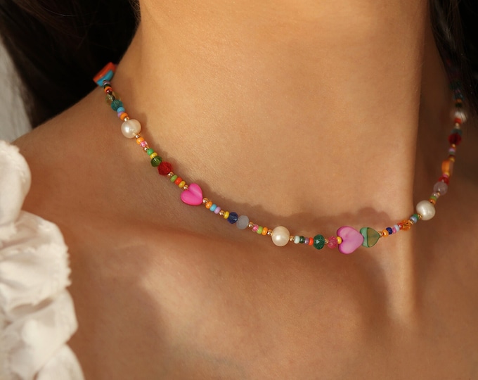 Colorful Beaded Necklace With Crystals, Heart Shells, Freshwater Pearls ...