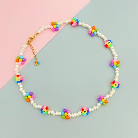 Rainbow Flower & Smiley Face Beaded Choker Necklace Inspired - Etsy