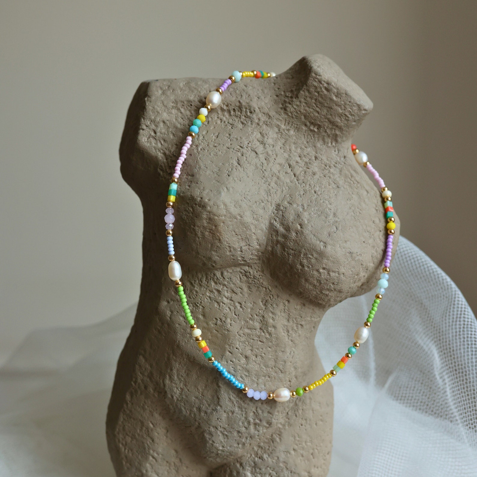Multicoloured Glass Seed Bead Necklace With Freshwater Pearls - Etsy