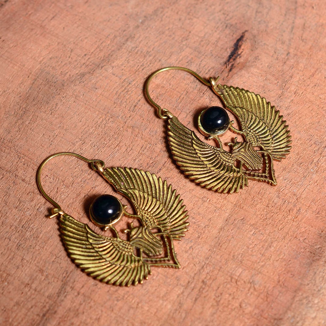 Brass Scarab Earrings: Black Obsidian Egyptian Talisman Jewelry - Etsy