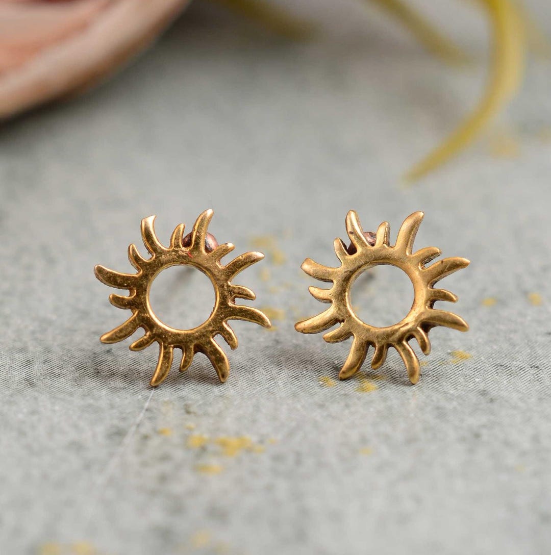 Gold Stud Earrings, Sun and Moon Earrings Stud, Brass Stud Earrings, Minimal Jewelry, Moon and ...
