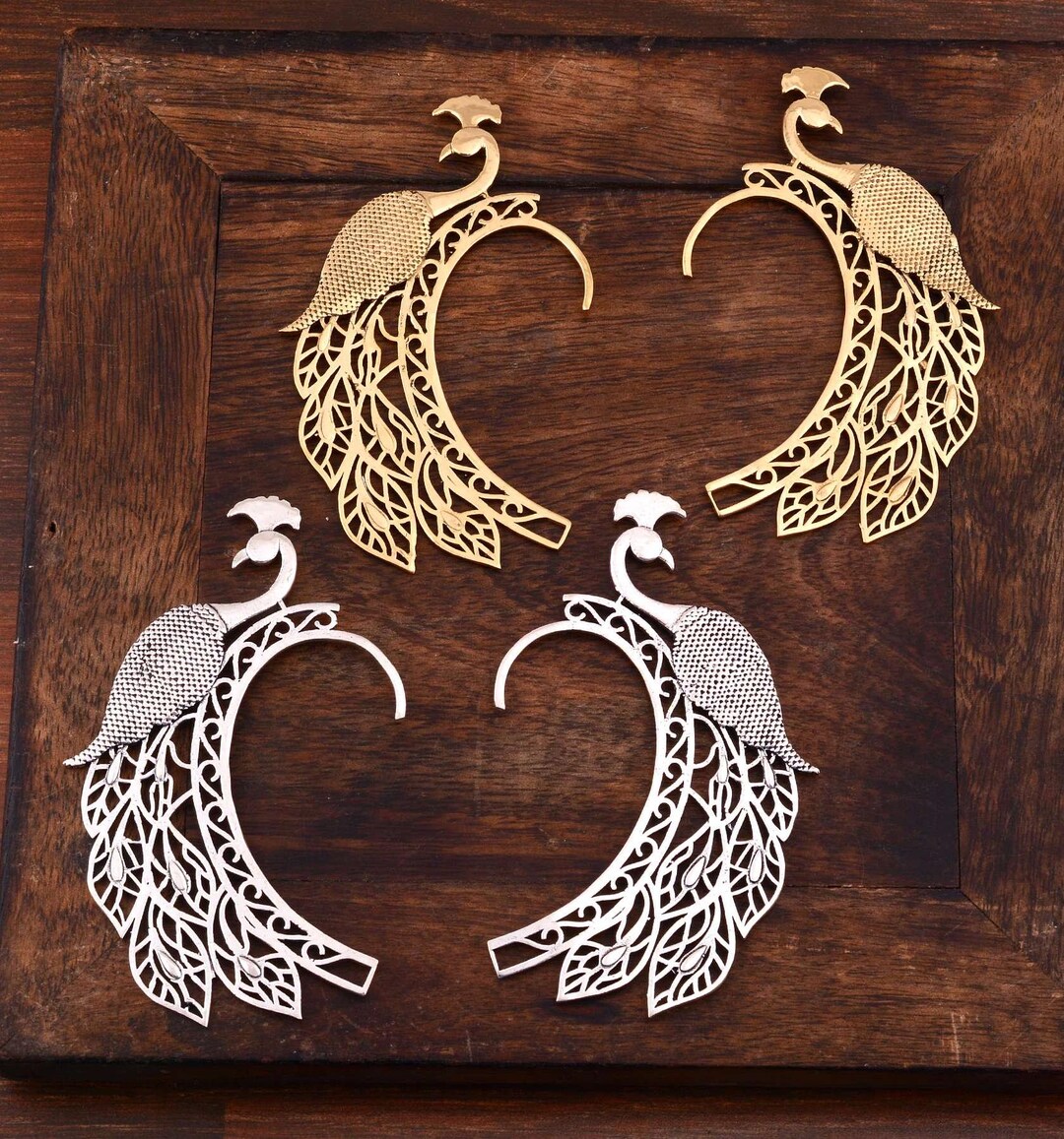 Gold Feather Ear Cuff, Pierceless Earrings, Festival Wedding Peacock ...