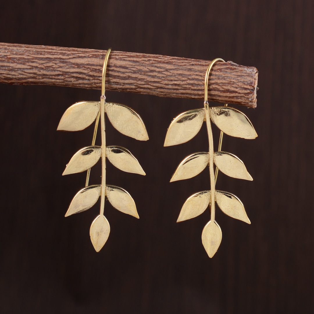 Leaf Branch Drop Earrings, Minimalist Leaf Earrings, Gold Leaf Earrings, Olive Branch Leaf ...