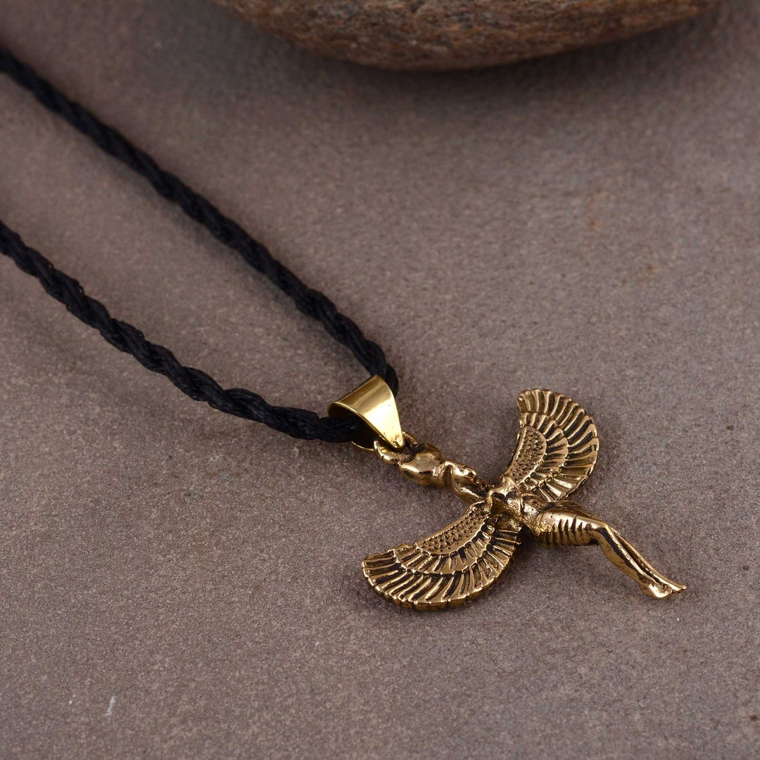 Brass Plated Winged Goddess Isis Necklace Pendant, Ancient Egyptian ...