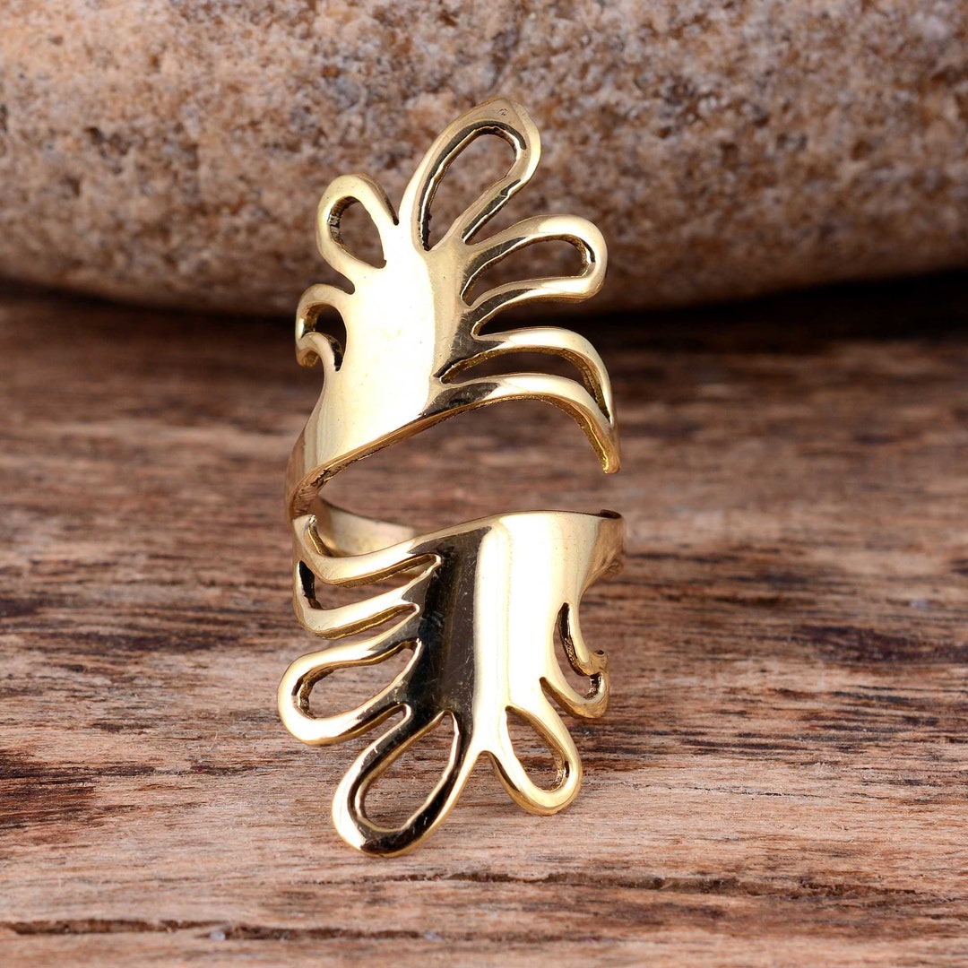 Long Large Wide Brass Leaves Ring, Full Finger Gold Ring, Floral Boho ...