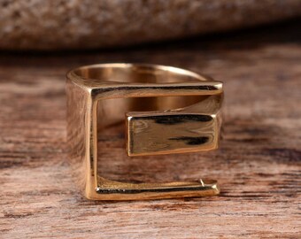 Antique Brass Geometric Ring, Big Statement Abstract Modern Ring, Boho ...