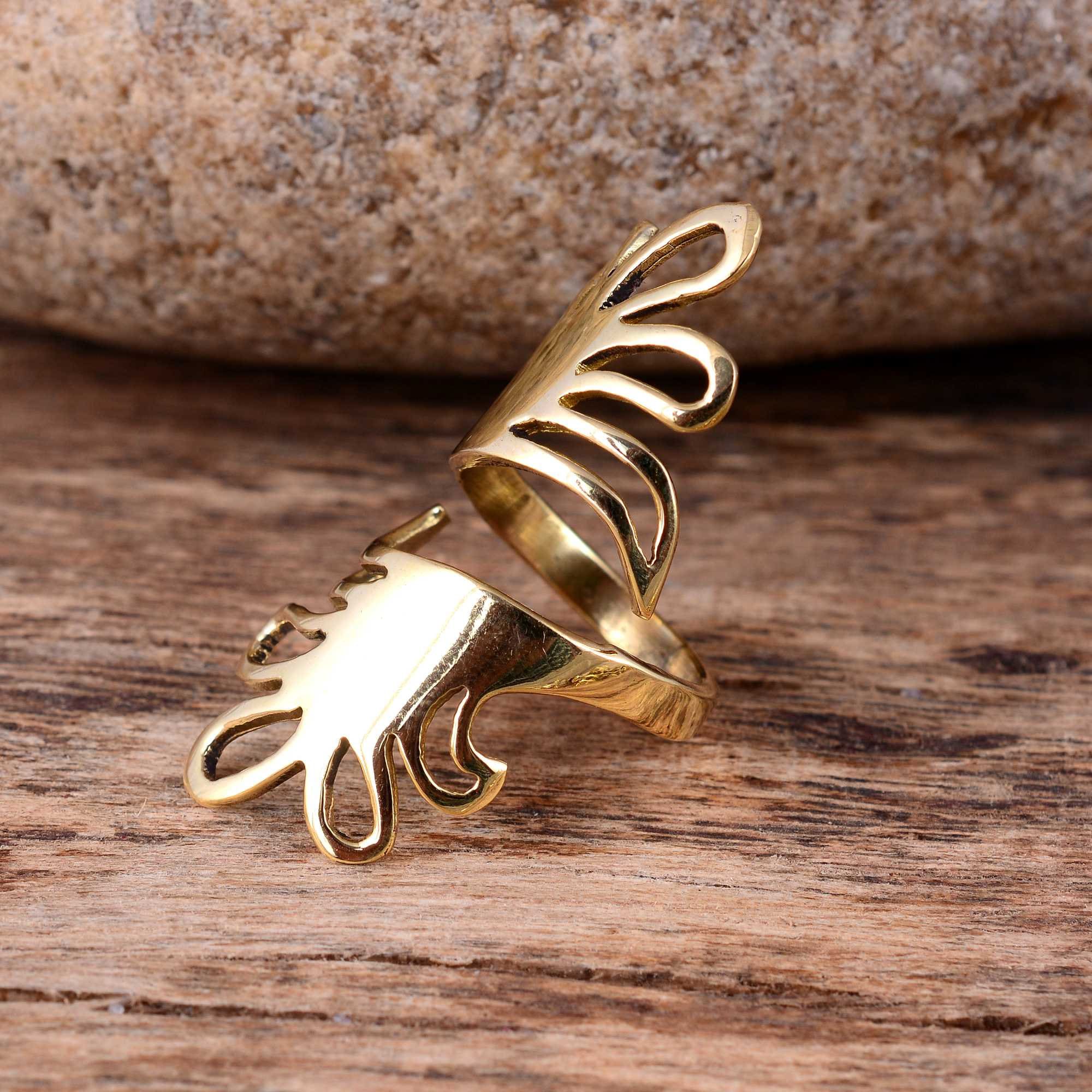 Long Large Wide Brass Leaves Ring Full Finger Gold Ring - Etsy