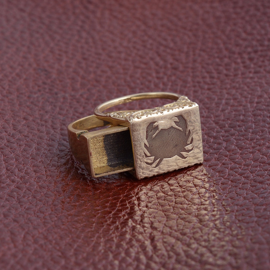 Zodiac Secret Compartment Ring: Brass Signet Pill Box - Etsy