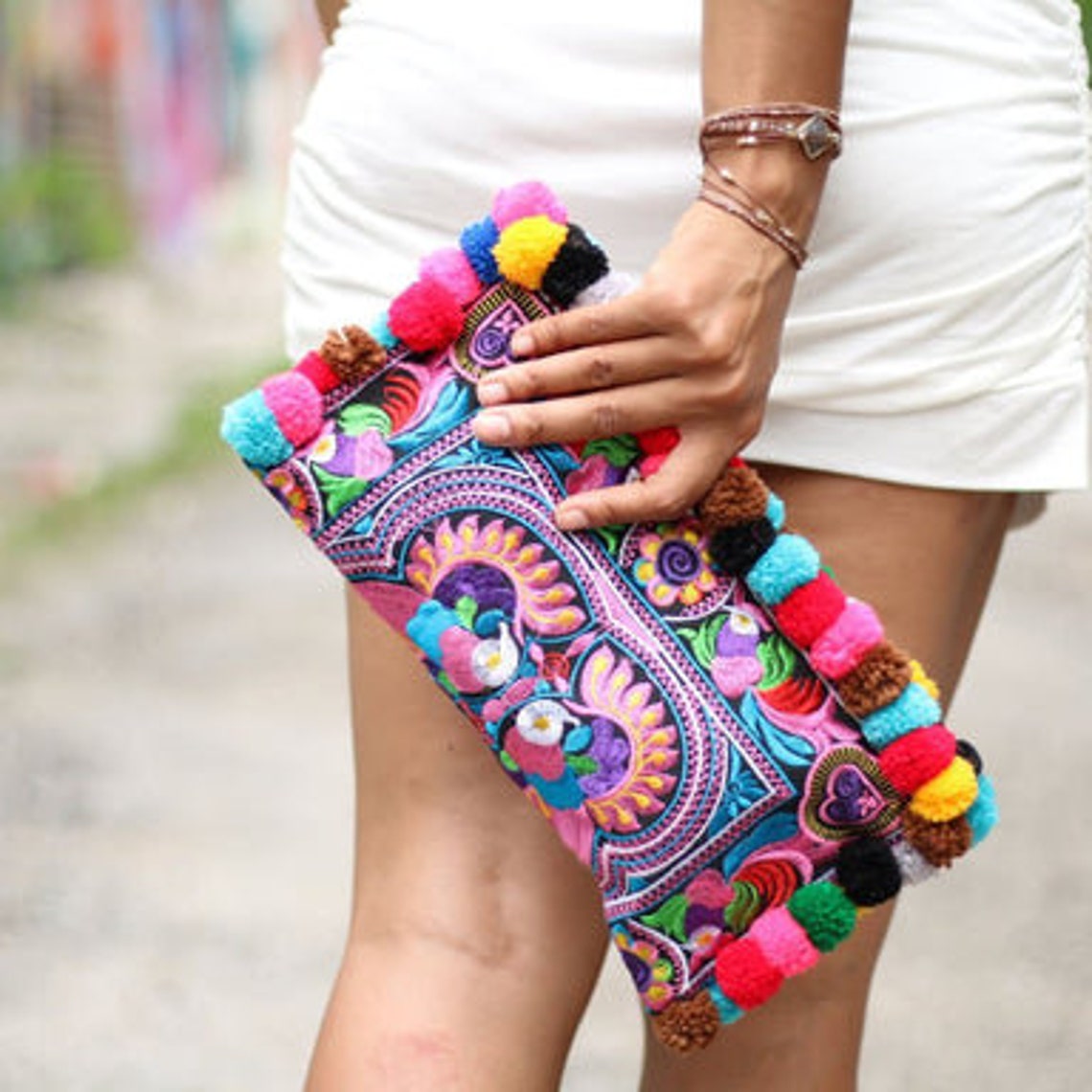 Bohemian Colorful Pom Clutch Bag Handmade Offbeat Boutique - Etsy