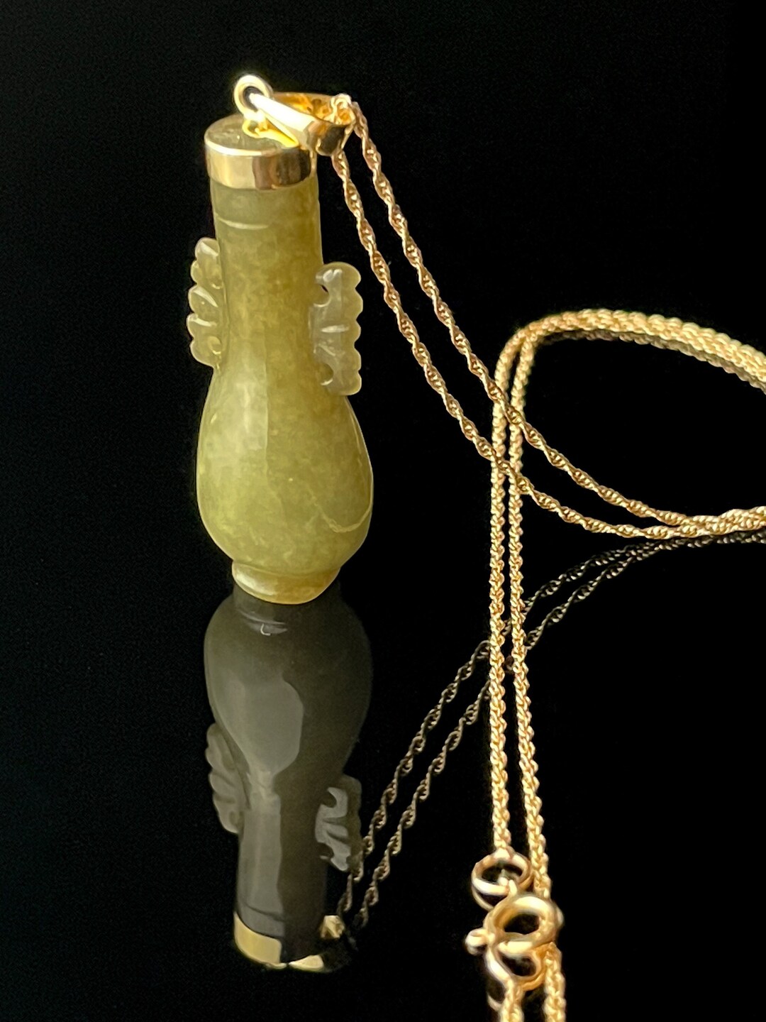 Antique Jade Gemstone Pendant Unique Shape in Solid 14K Yellow Gold W ...