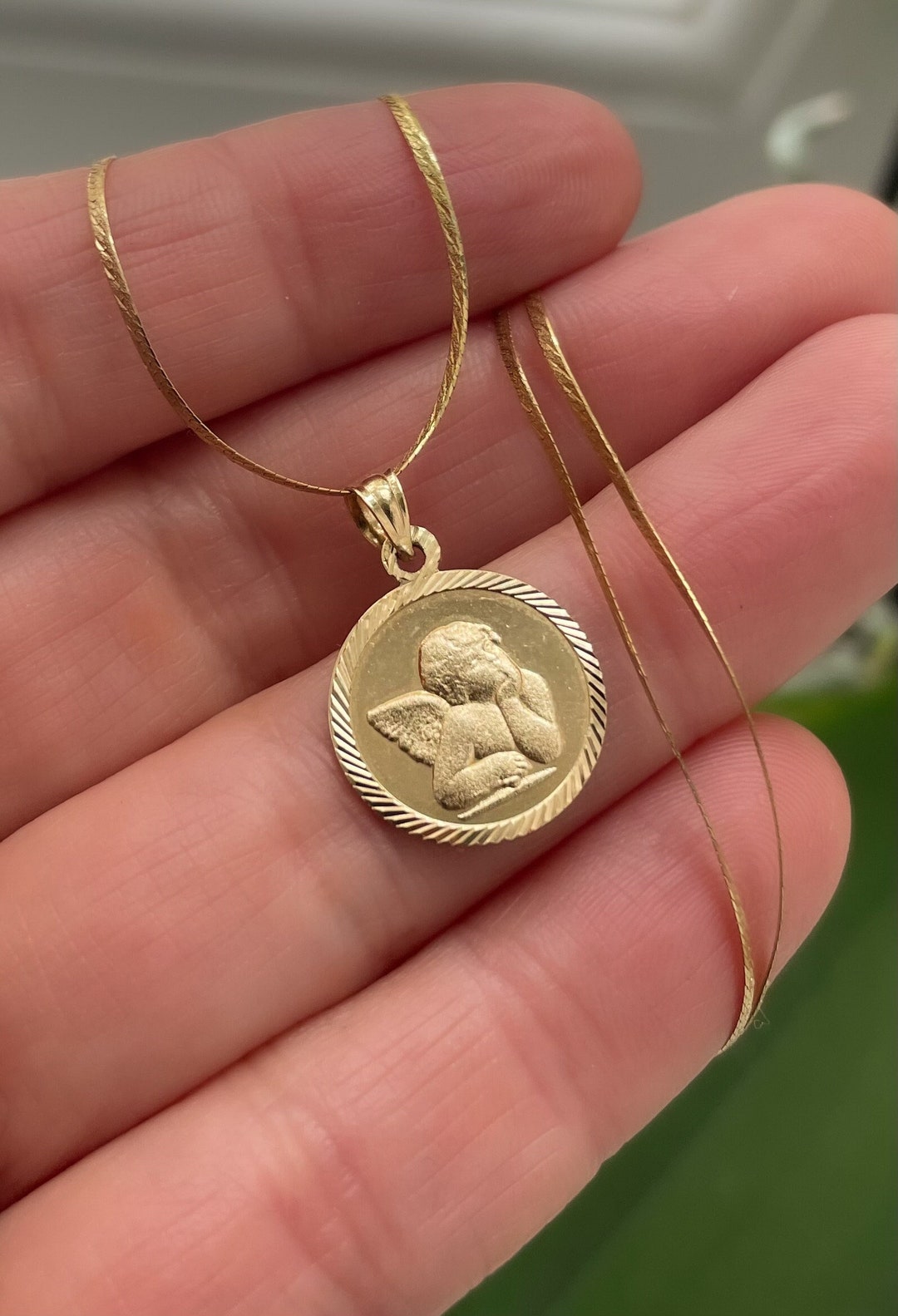 14K Solid Gold Angel Necklace 14K Yellow Gold Angel Pendant With 14K ...