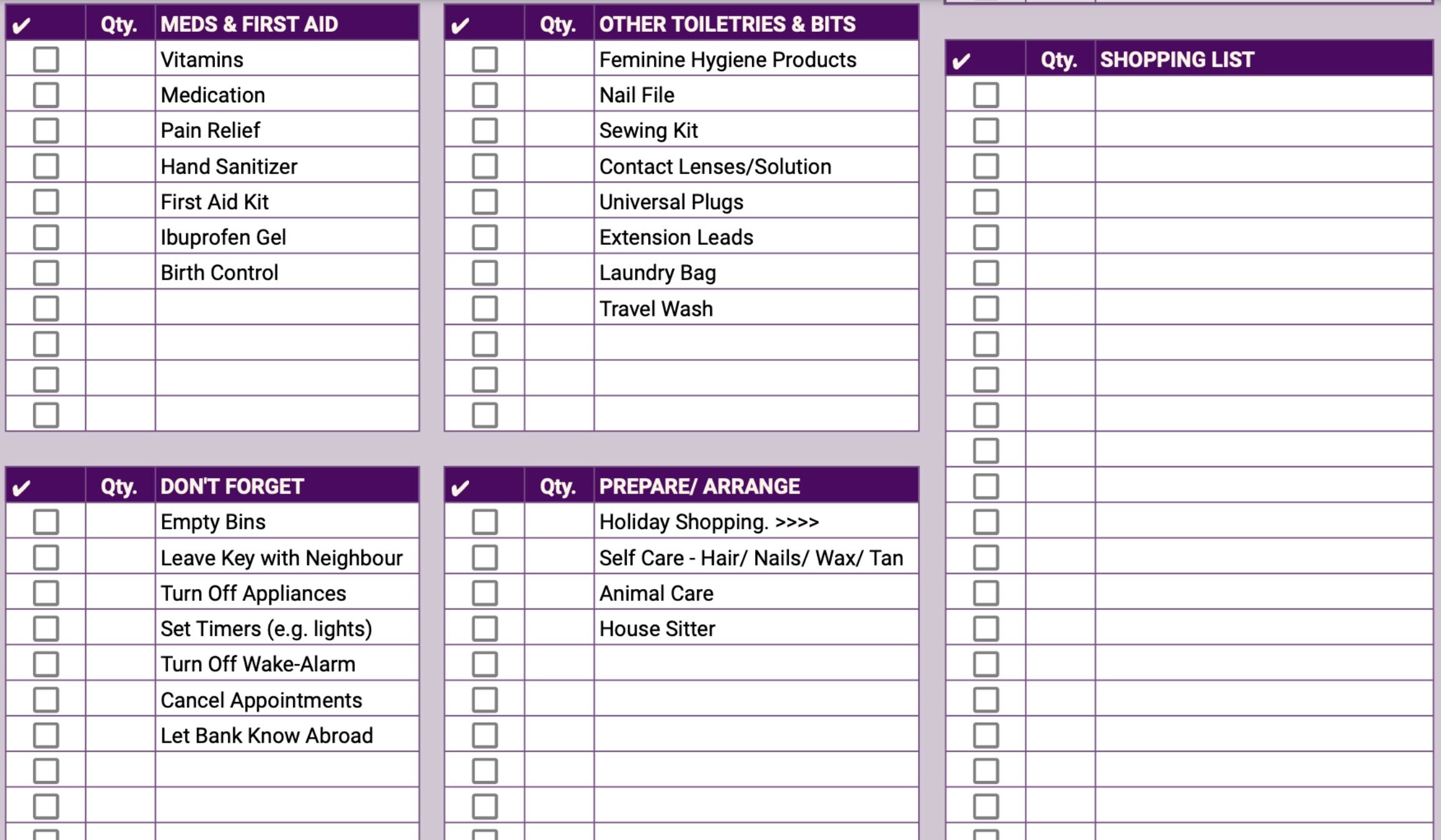 Holiday Packing & Prep List - Editable Excel Spreadsheet - Etsy UK