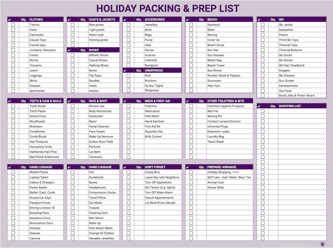 Holiday Packing & Prep List - Printable - Etsy UK