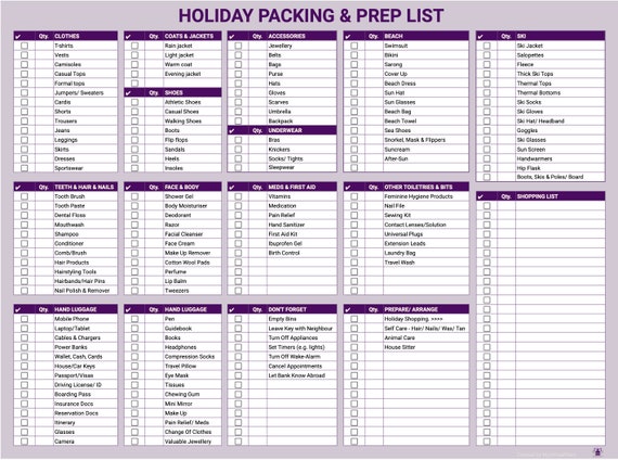 Holiday Packing & Prep List Printable - Etsy