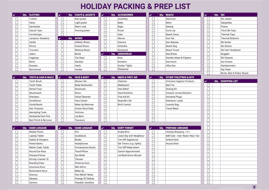 Holiday Packing & Prep List - Editable Excel Spreadsheet - Etsy UK