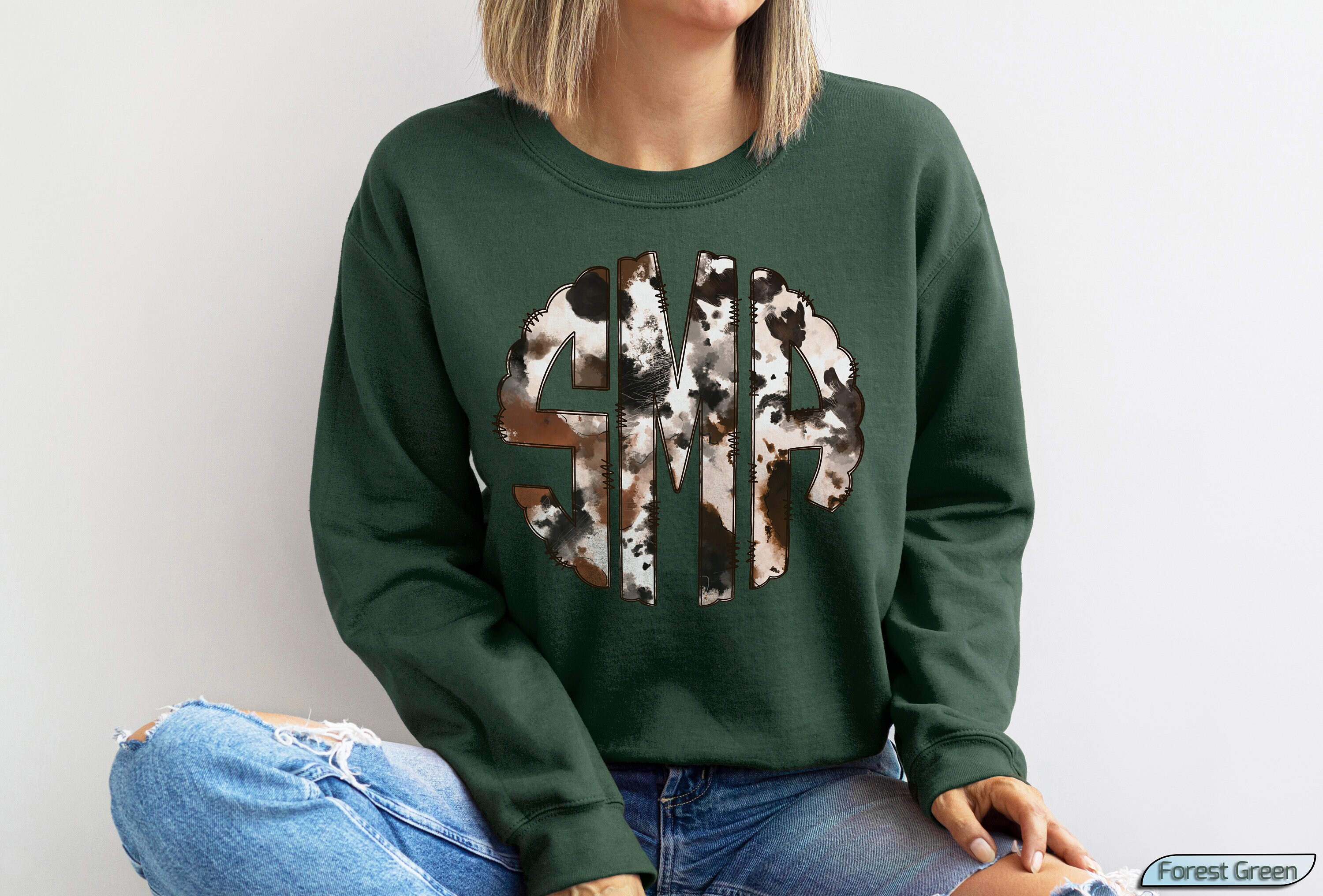 Cow Print Monogram Sweatshirt, Custom Monogrammed Sweater, Personalized ...