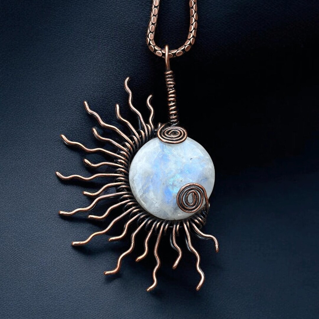 Copper Wire Wrapped Moonstone Pendant Necklace: Handmade Sun Design - Etsy