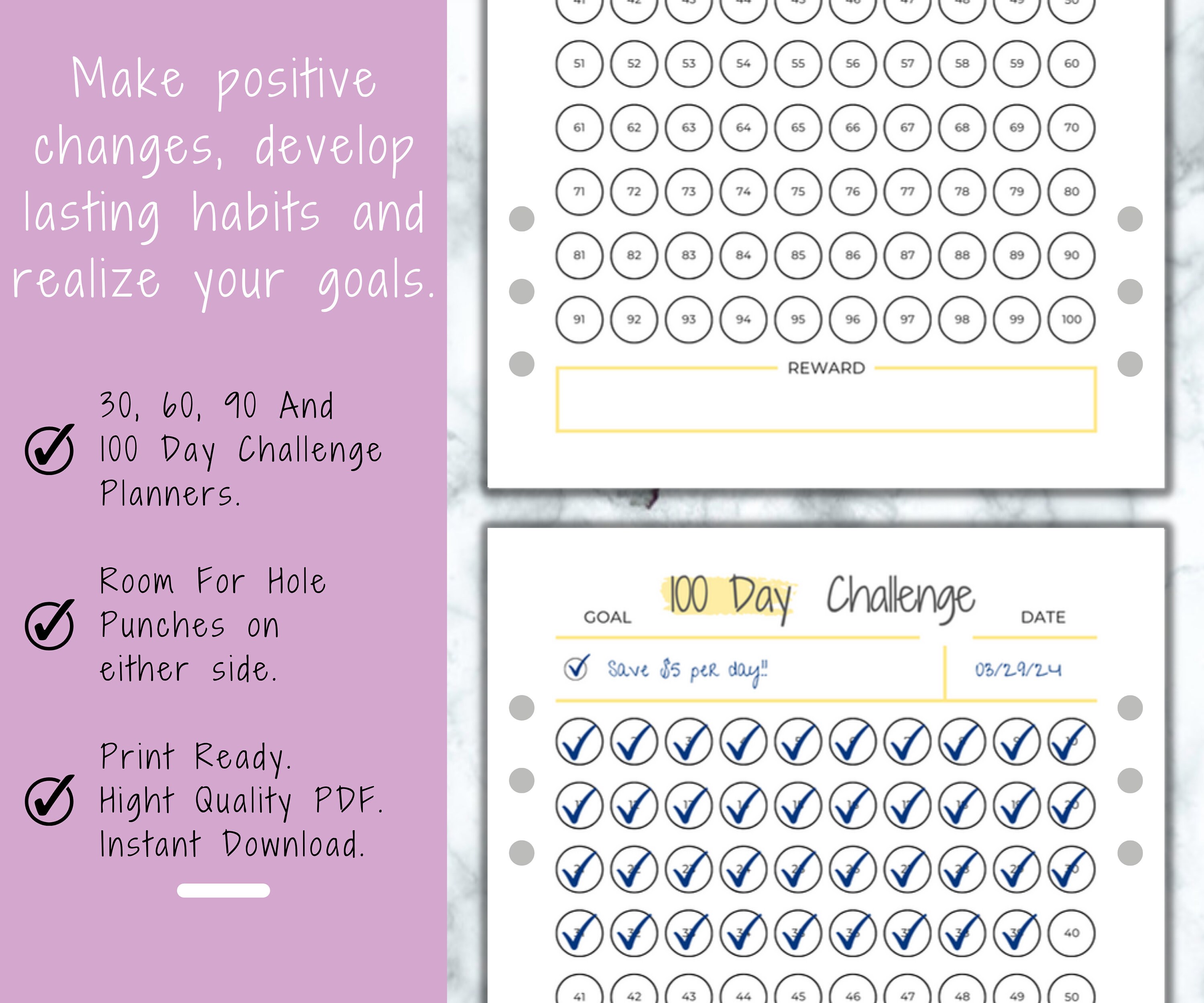 30-60-90-100 Day Challenge BUNDLE Printable Daily Goal Tracker ...