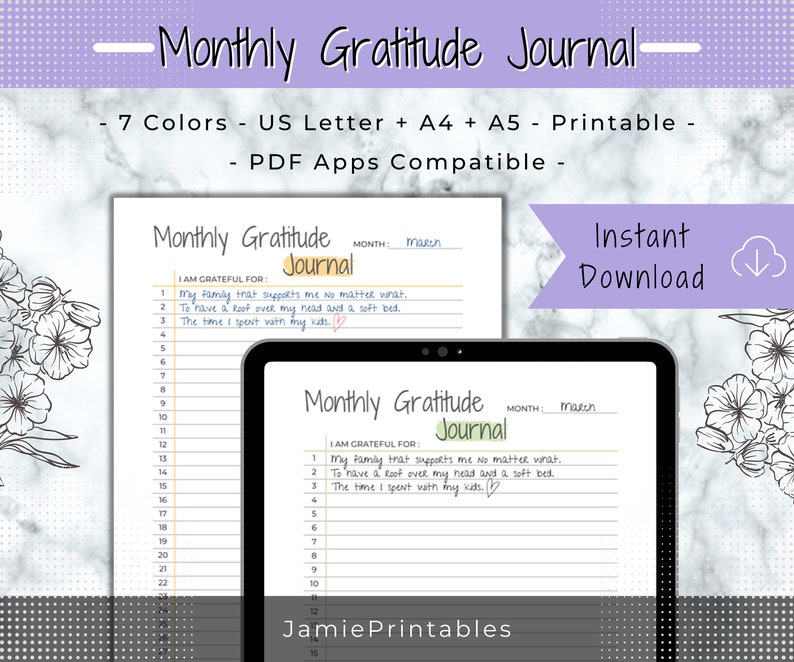 Monthly Gratitude Journal Printable, Minimalist Planner Inserts ...