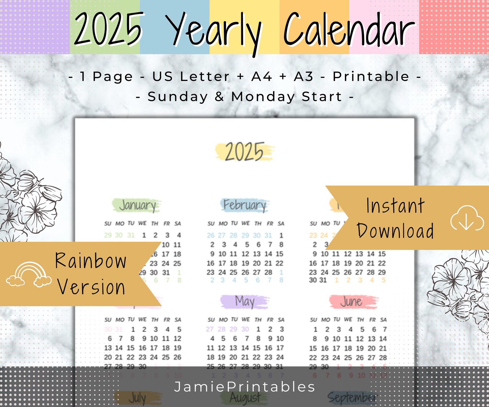 2025 Yearly Calendar Vertical, Printable Calendar Template, Rainbow ...