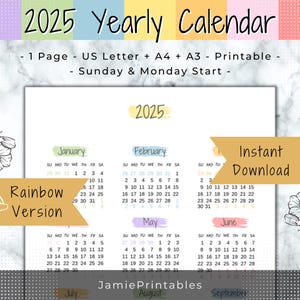 2025 Yearly Calendar Vertical, Printable Calendar Template, Rainbow ...