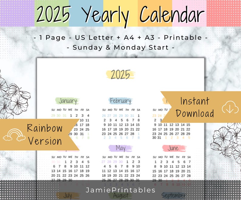 2025 Yearly Calendar Vertical, Printable Calendar Template, Rainbow ...