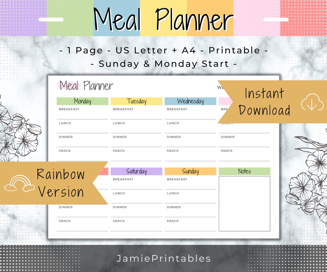 Printable Weekly Meal Planner Landscape, Rainbow Template, Food Diary ...