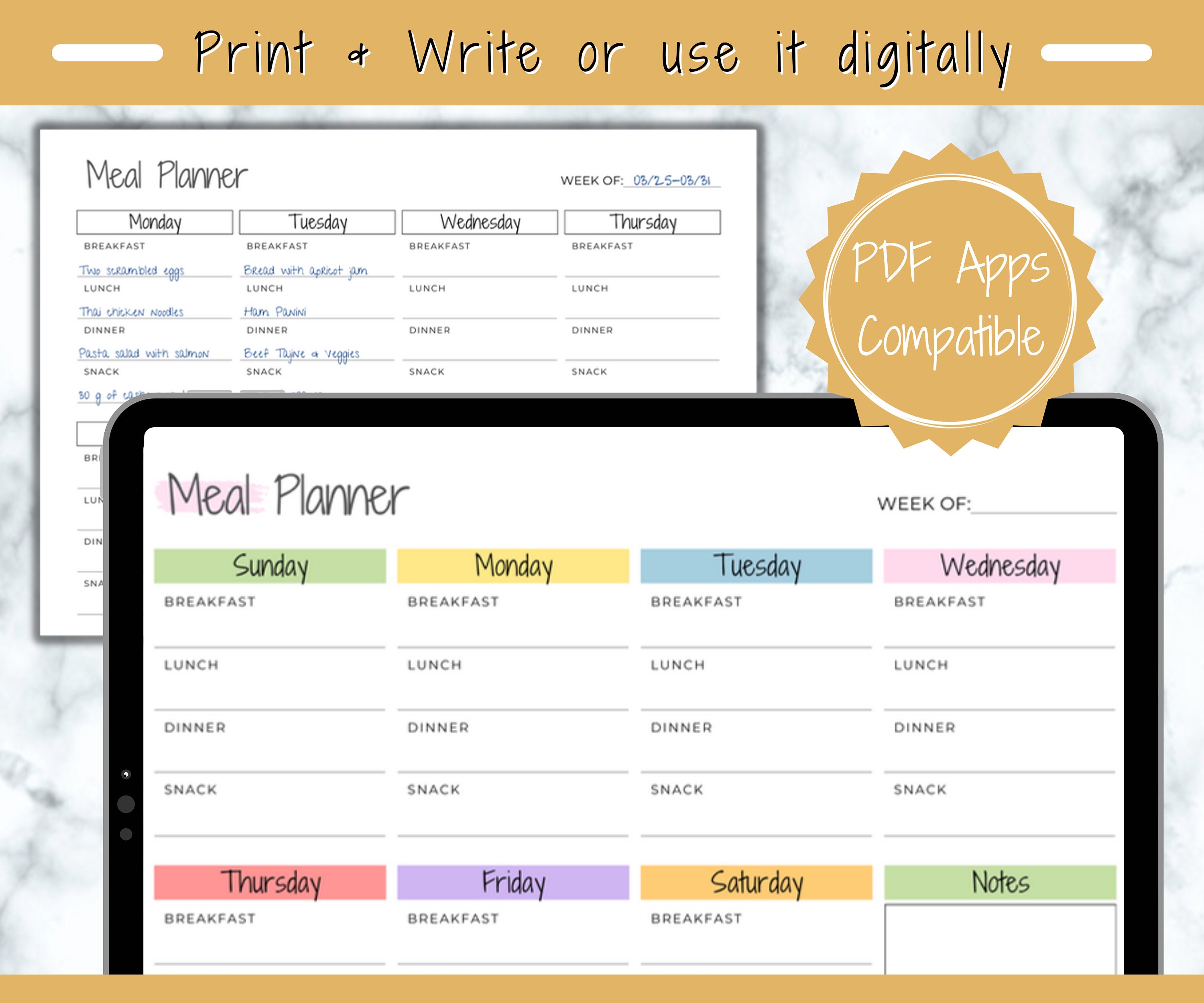 Printable Weekly Meal Planner Landscape, Rainbow Template, Food Diary ...