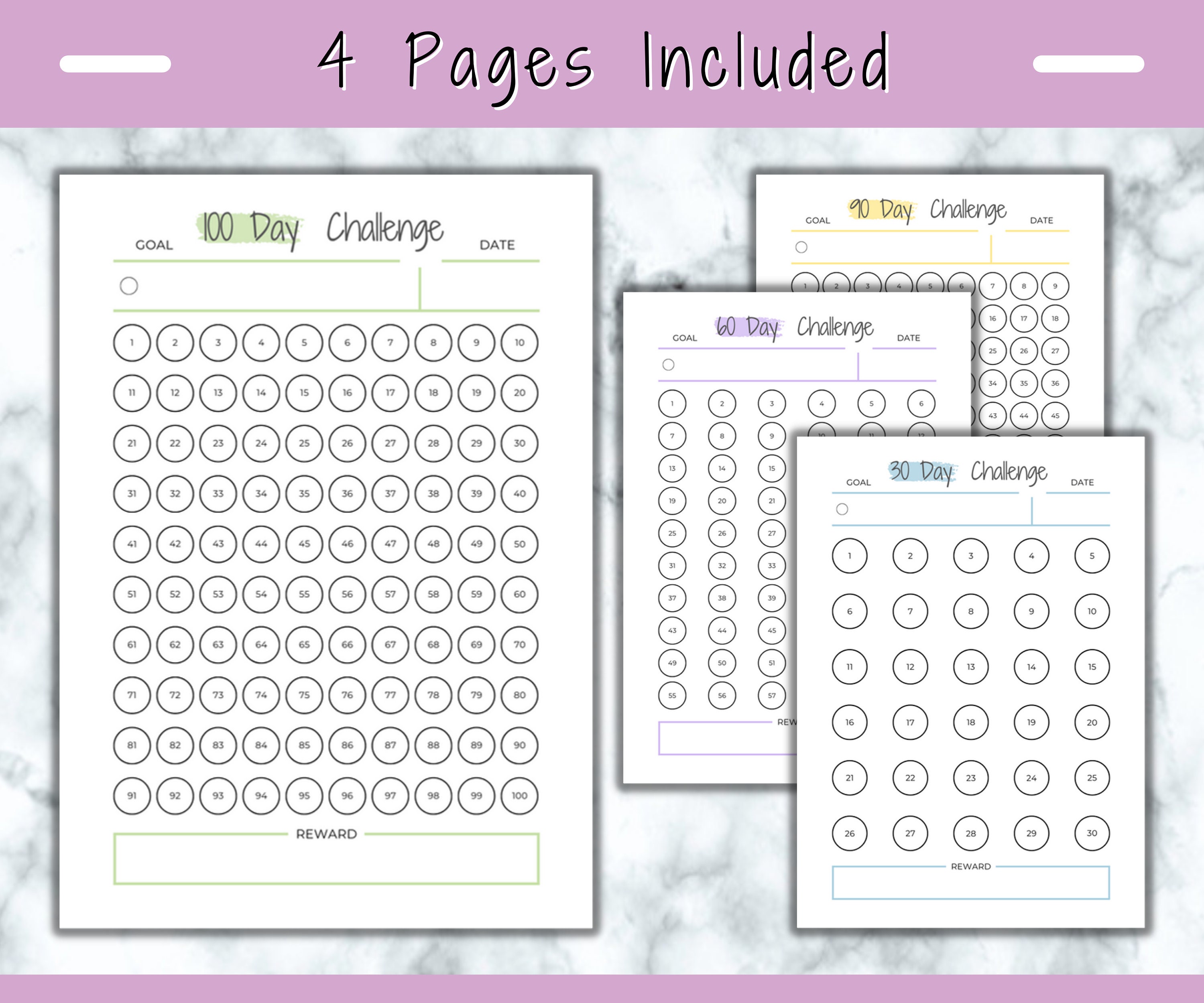 30-60-90-100 Day Challenge BUNDLE Printable Daily Goal Tracker ...