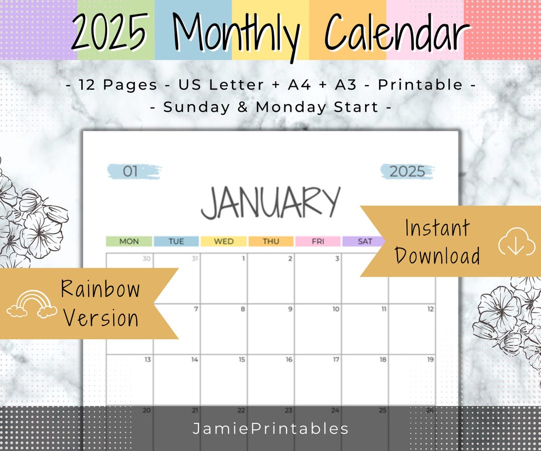 2025 Monthly Calendar Vertical, Printable Calendar Template, Rainbow ...