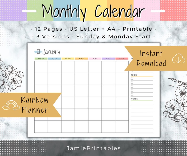 Blank Monthly Calendar Landscape, Printable Calendar Template, Rainbow ...