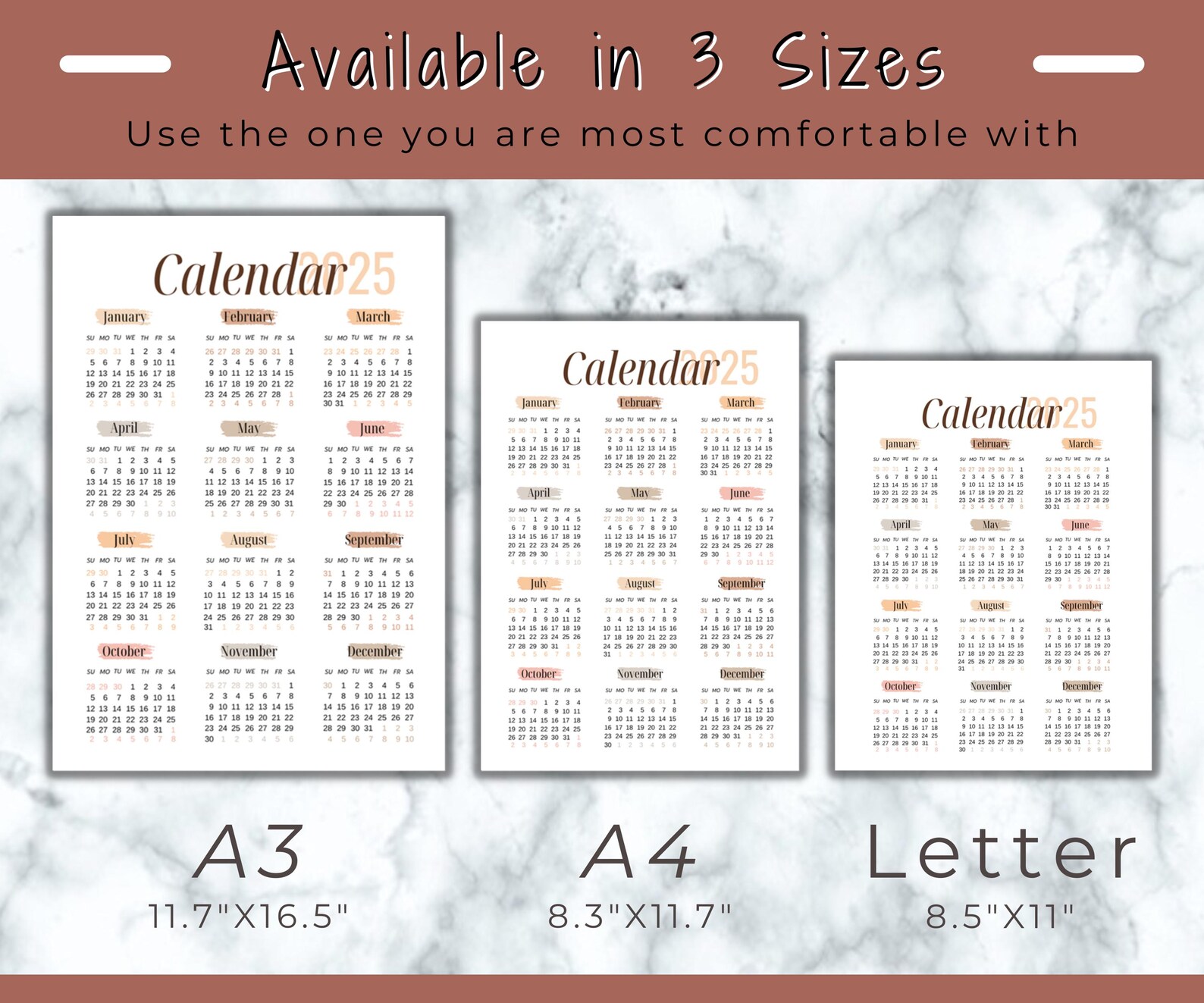 2025 Year at A Glance Calendar Printable Sunday & Monday Start A3, A4 ...
