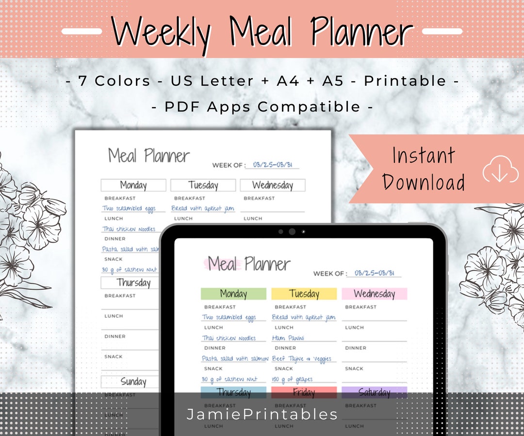 Weekly Meal Planner, Rainbow Template, Food Diary, Meal Tracker, Food ...