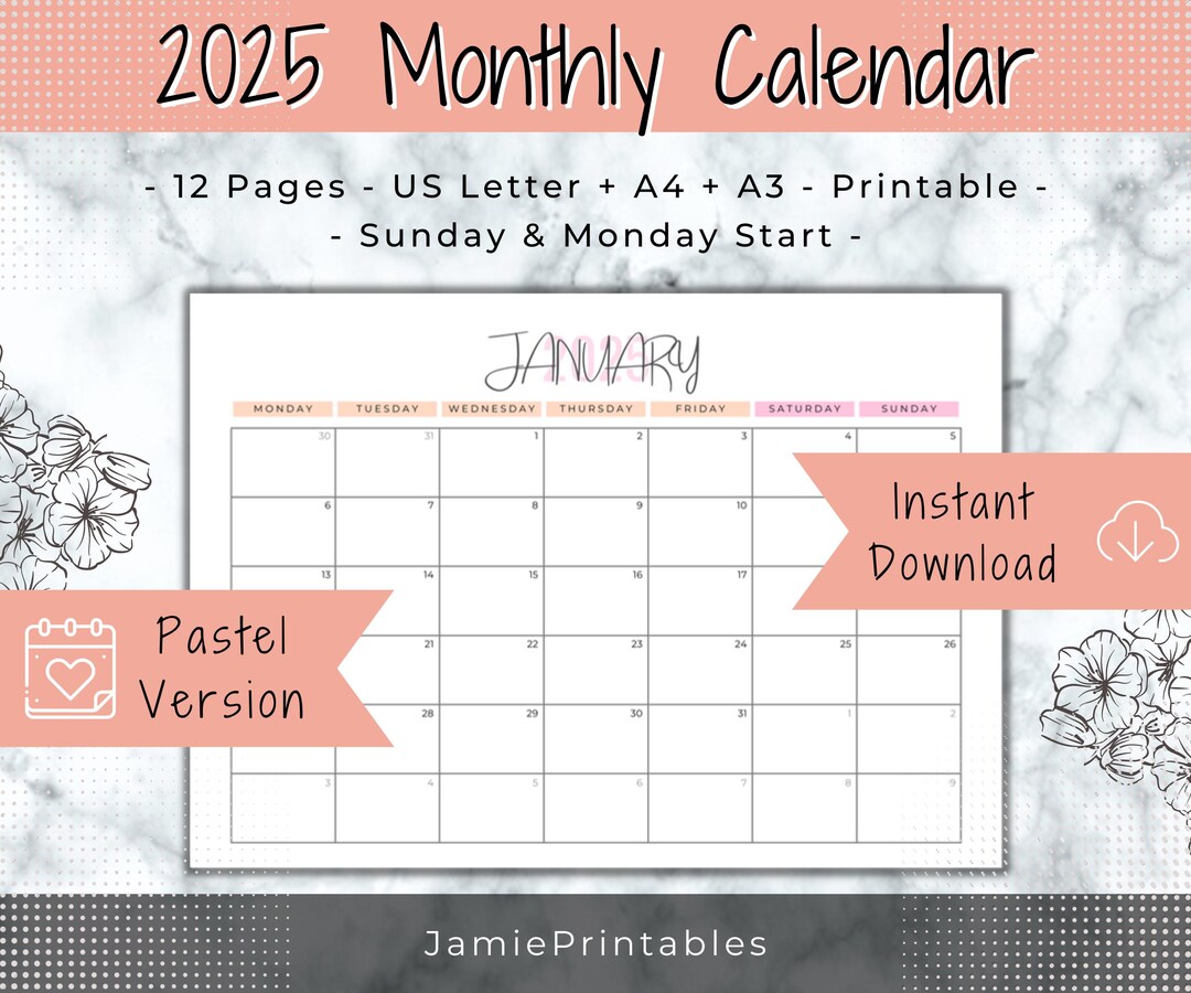 2025 Landscape Monthly Calendar, Printable Calendar Template ...