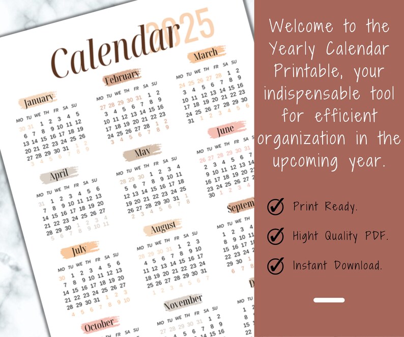2025 Year at A Glance Calendar Printable Sunday & Monday Start A3, A4 ...