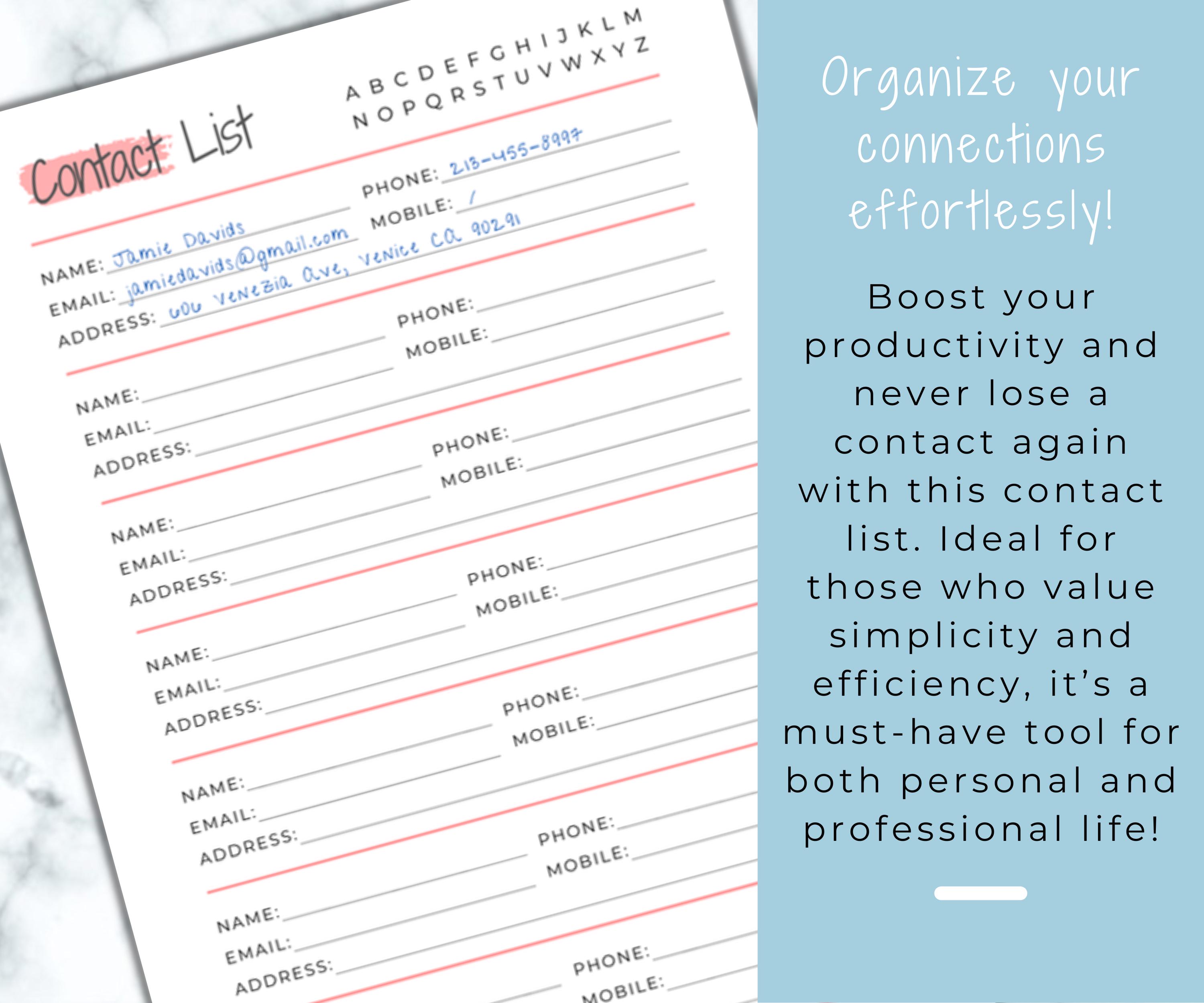Contact List Printable Agenda Inserts Address Book Template Contact ...