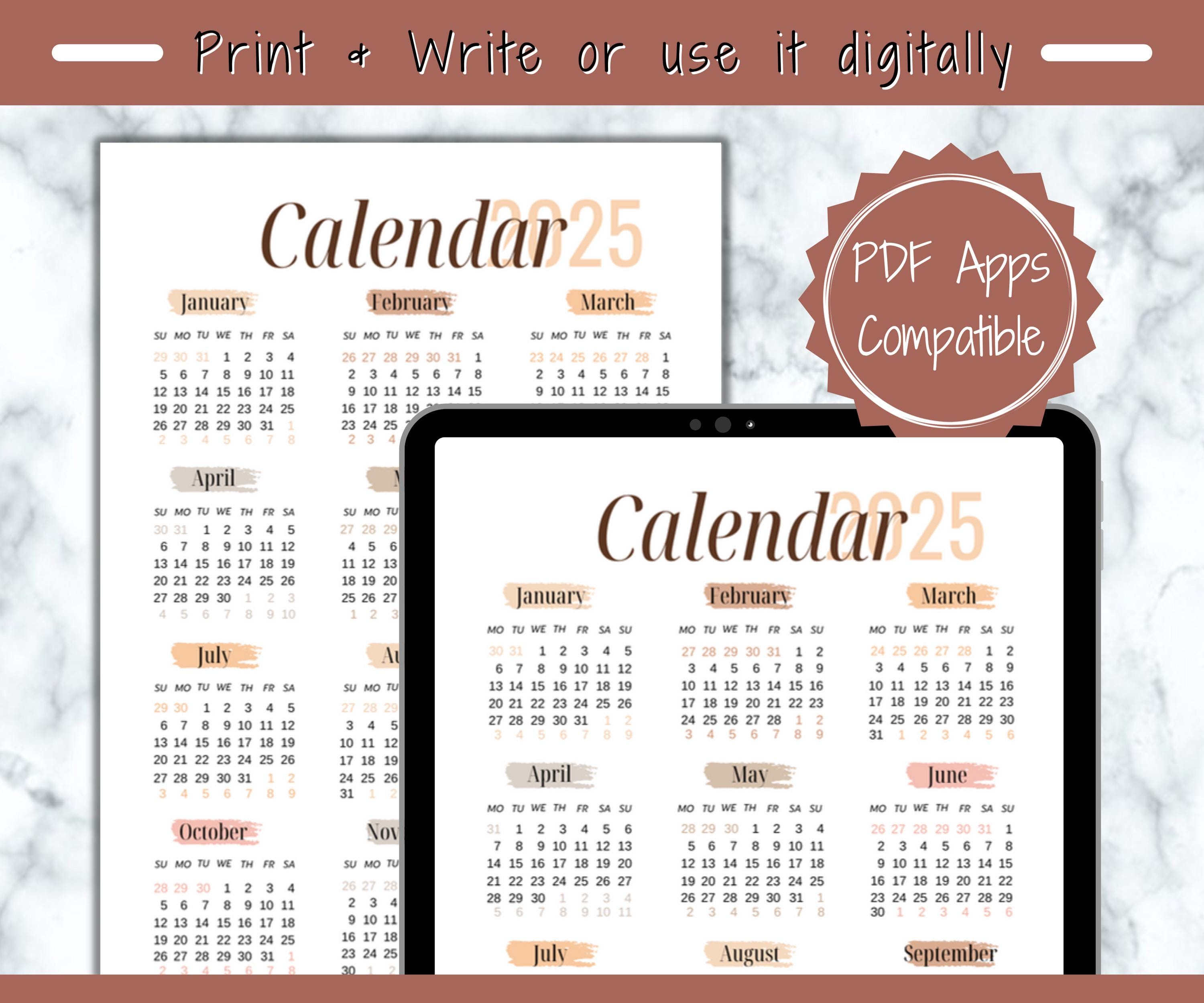2025 Year at A Glance Calendar Printable Sunday & Monday Start A3, A4 ...