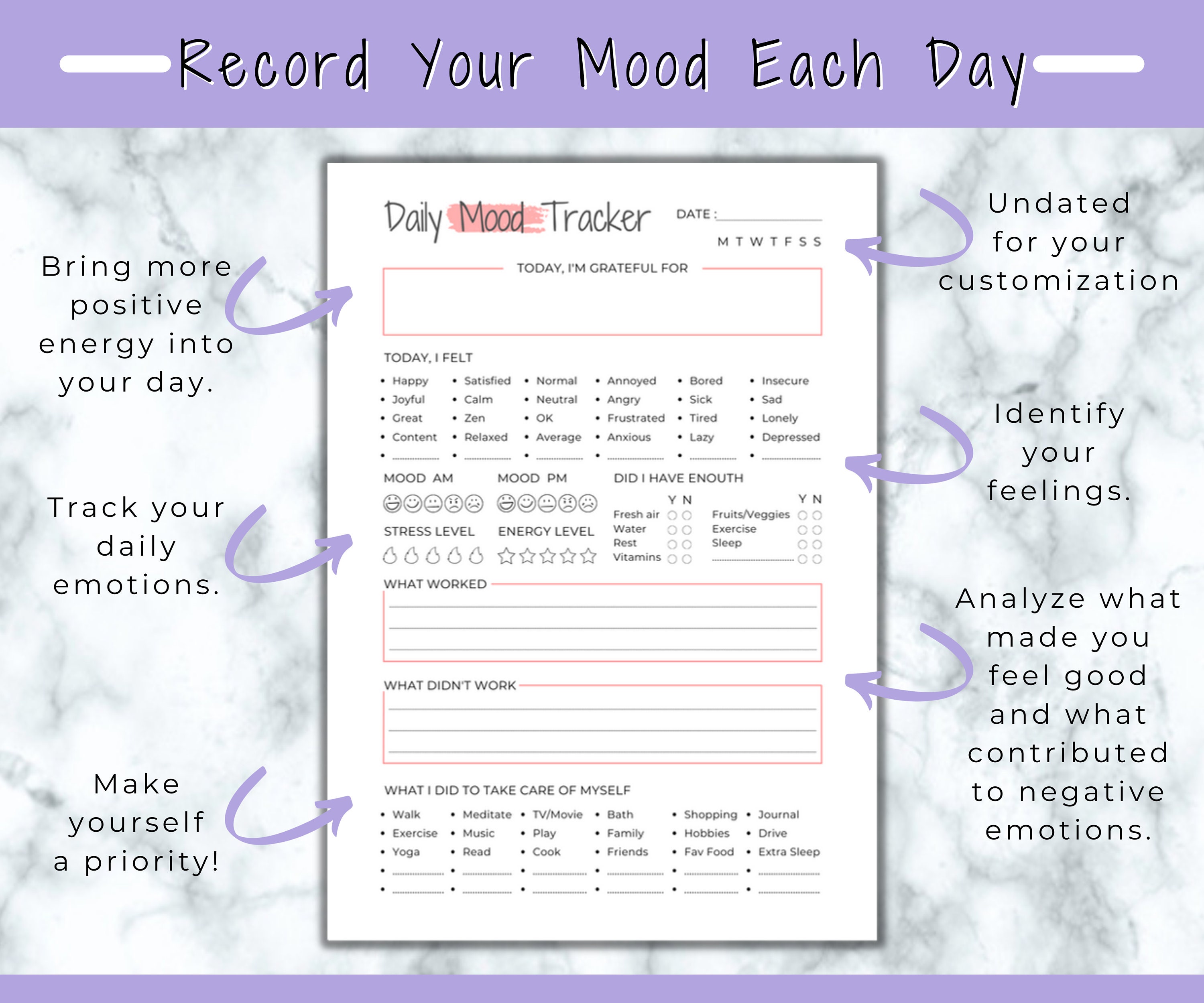 Daily Mood Tracker Printable, Minimalist Planner Inserts, Daily Mood ...