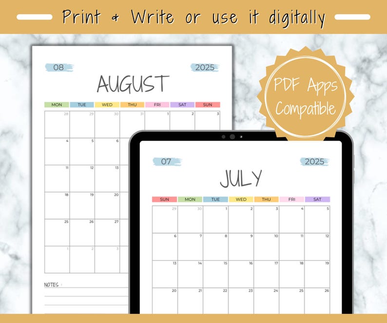 2025 Monthly Calendar Vertical, Printable Calendar Template, Rainbow ...