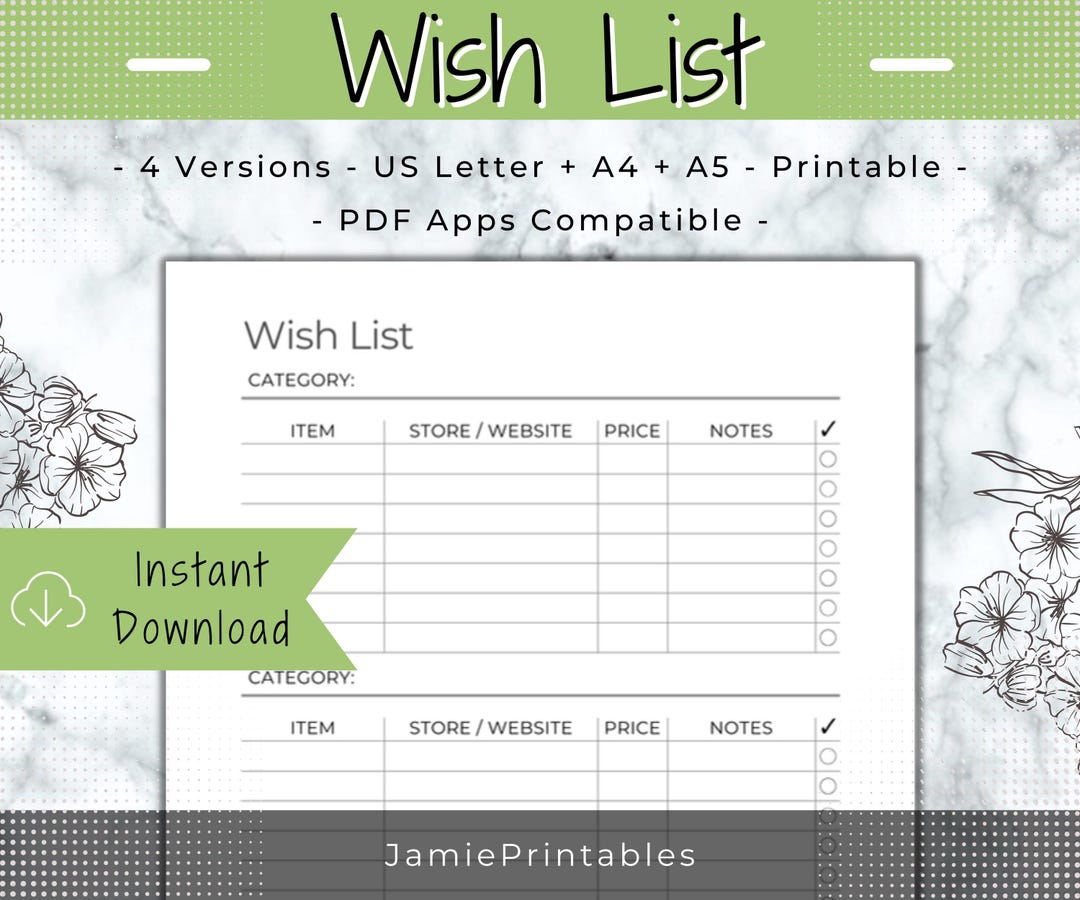 Wish List Printable Wish List Template, Shopping Wish List Tracker ...