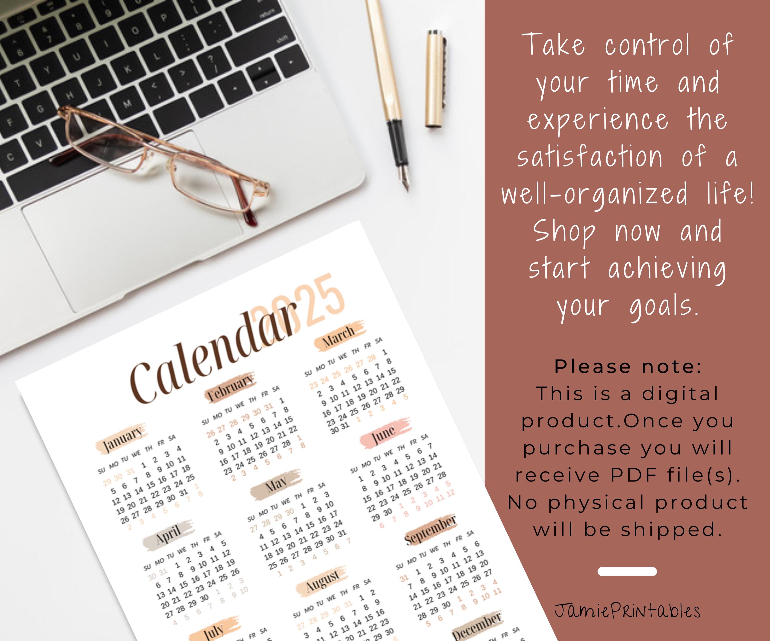 2025 Year at A Glance Calendar Printable Sunday & Monday Start A3, A4 ...