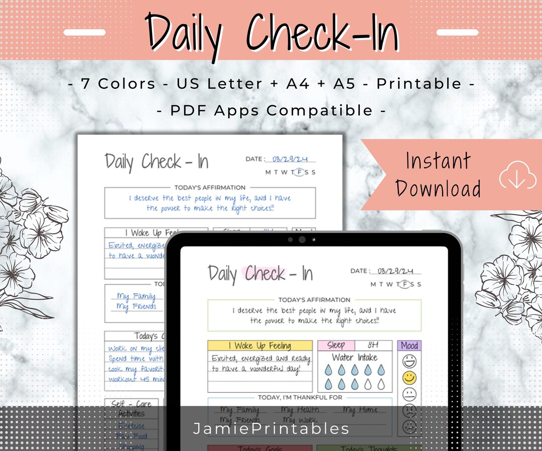 Daily Check in Journal Printable Rainbow Template, Wellness Journal ...