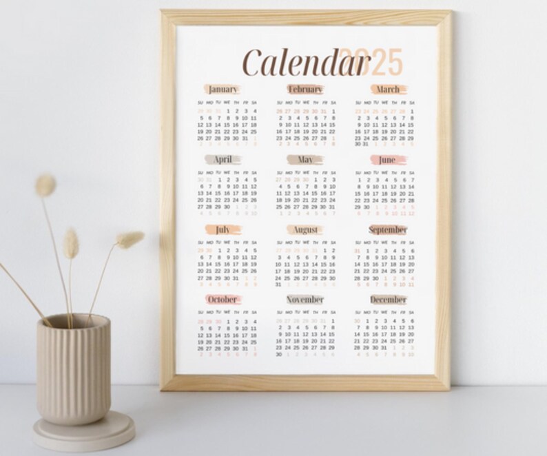 2025 Year at A Glance Calendar Printable Sunday & Monday Start A3, A4 ...