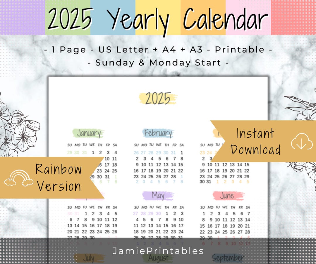 2025 Yearly Calendar Vertical, Printable Calendar Template, Rainbow ...
