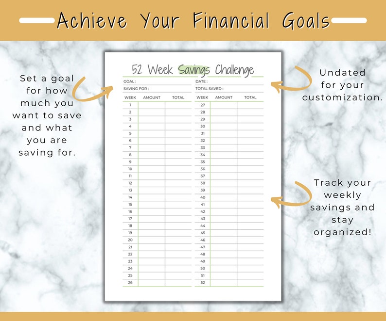 52 Week Savings Challenge Printable, Yearly Saving Plan, Savings ...