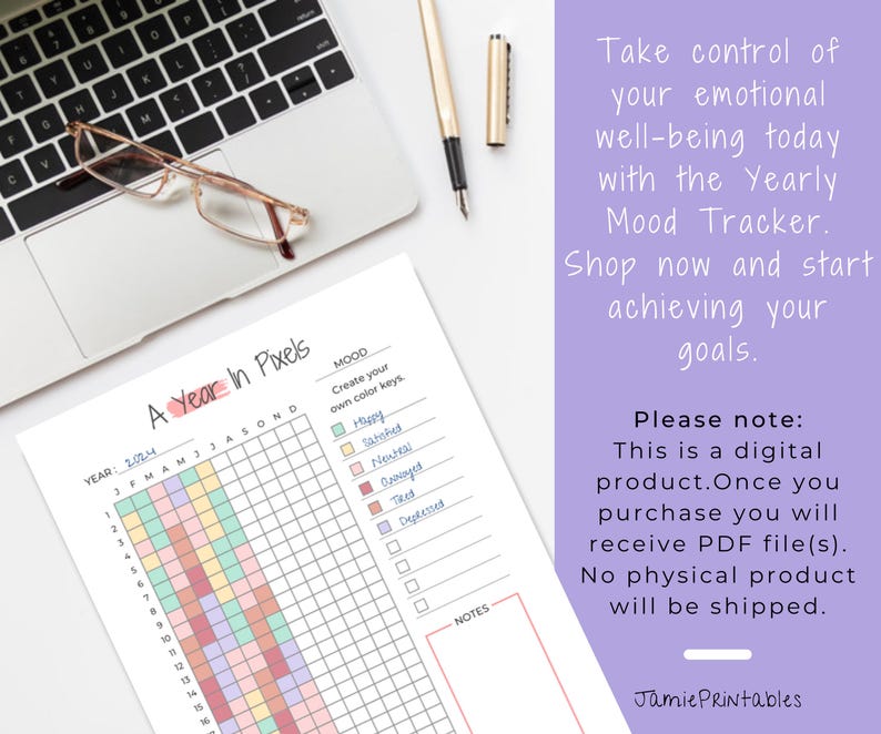 Mood Tracker Printable Yearly Mood Journal, A Year in Pixels Mood Chart ...