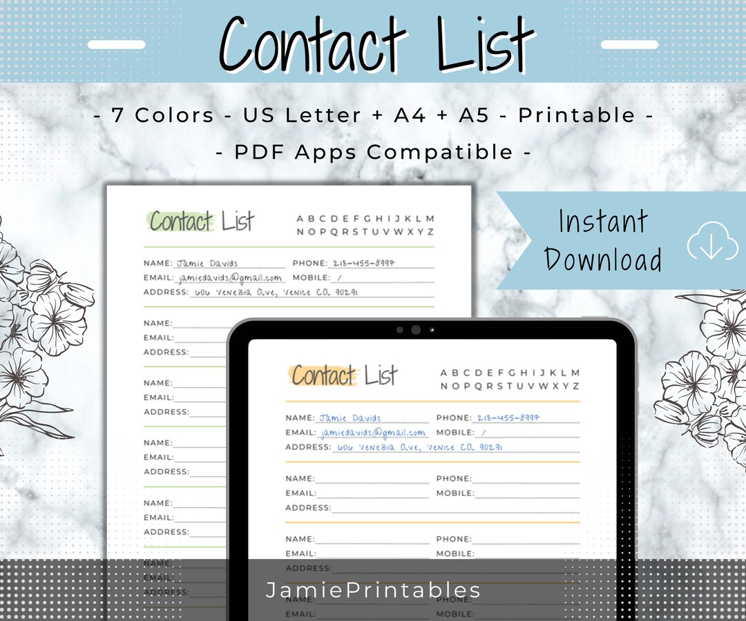 Contact List Printable Agenda Inserts Address Book Template Contact ...