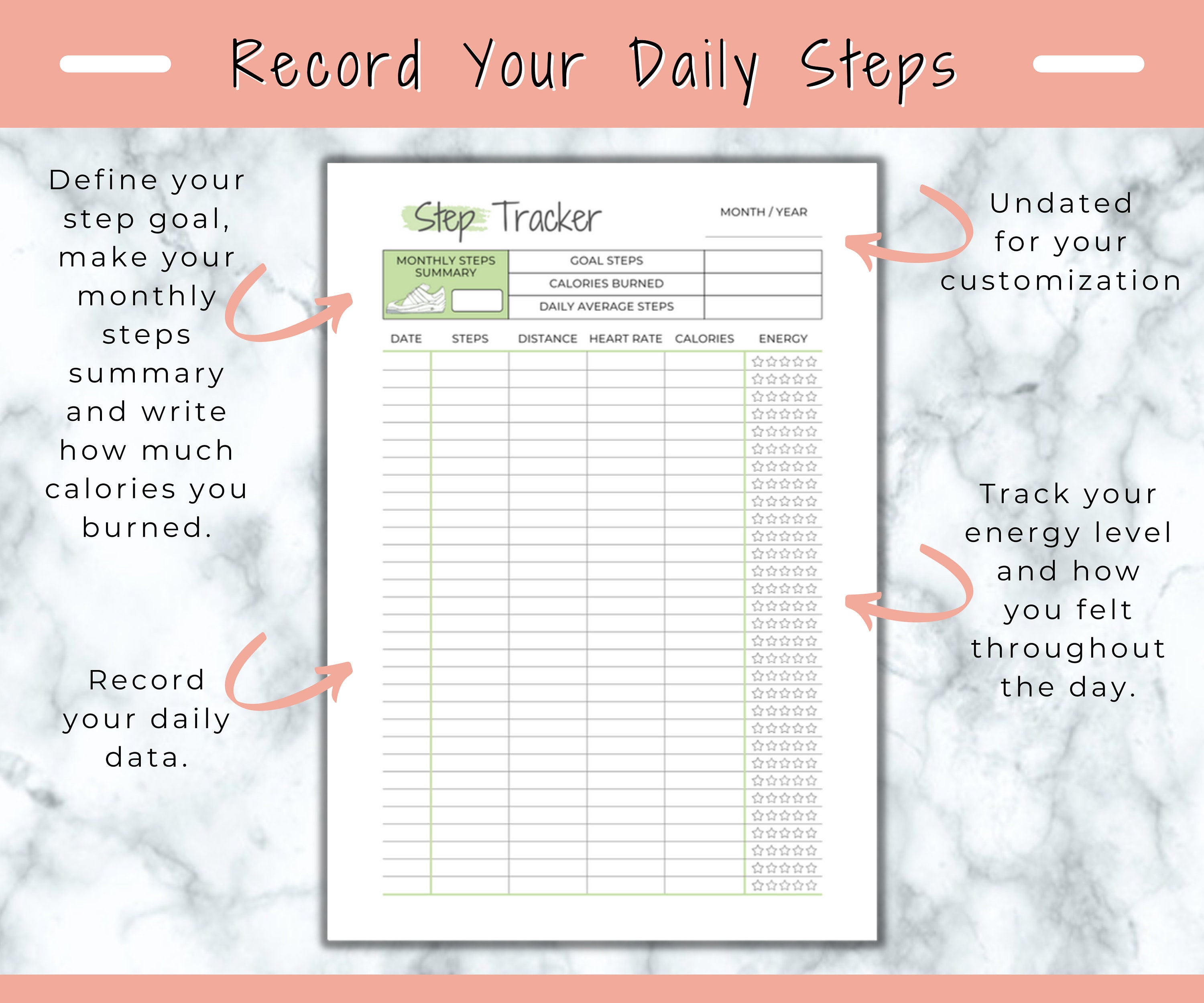 Step Tracker Printable, Minimalist Planner Inserts, Fitness Journal ...