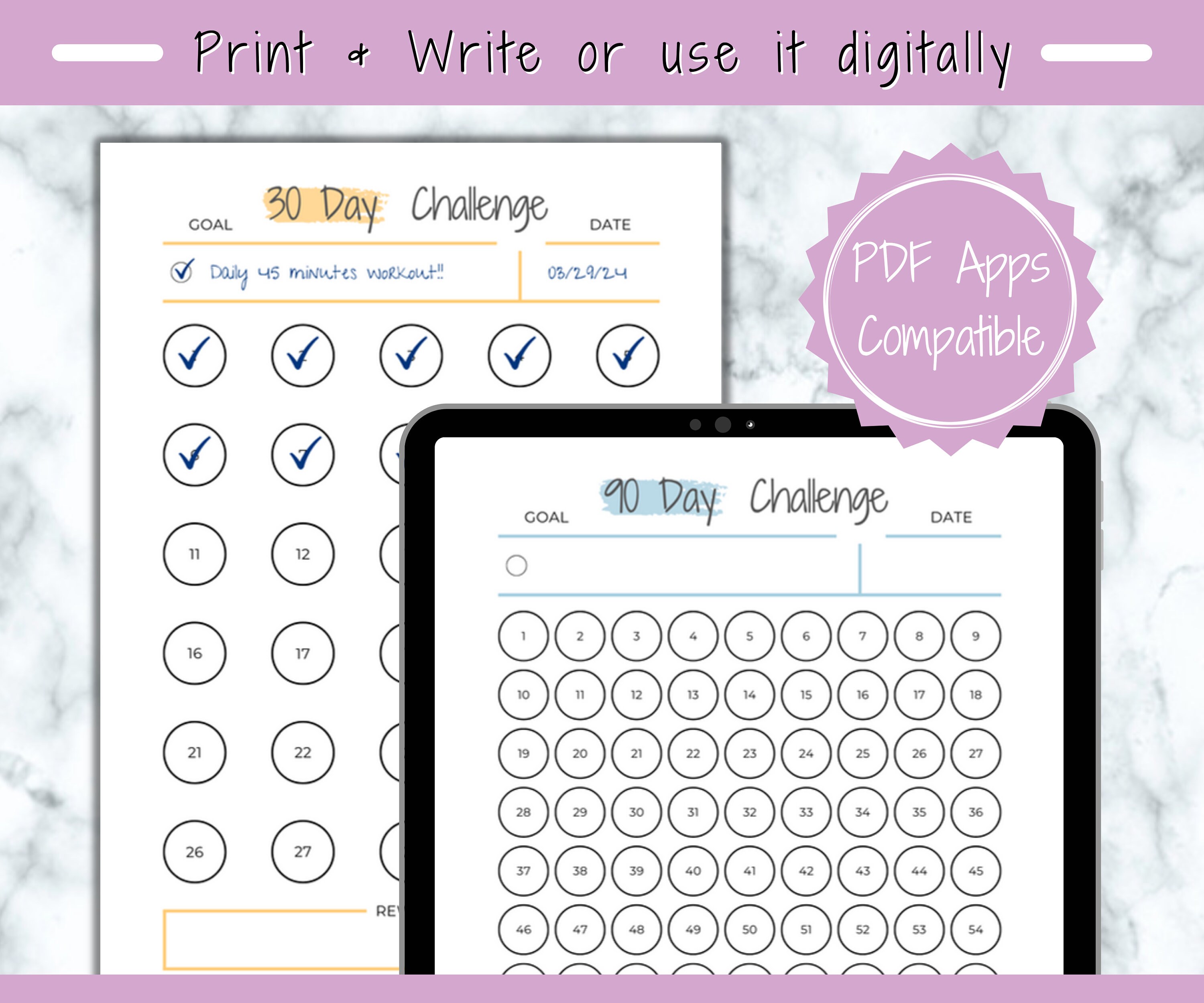 30-60-90-100 Day Challenge BUNDLE Printable Daily Goal Tracker ...